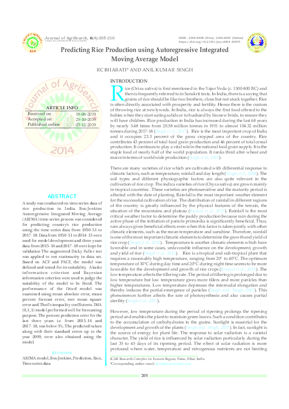 Pdf Predicting Rice Production Using Autoregressive Integrated Moving Average Model