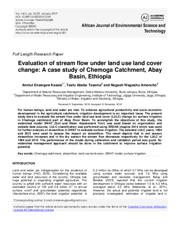 (PDF) Evaluation of stream flow under land use land cover change: A case study of Chemoga ...