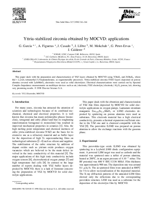 (PDF) Yttria-stabilized zirconia obtained by MOCVD: applications
