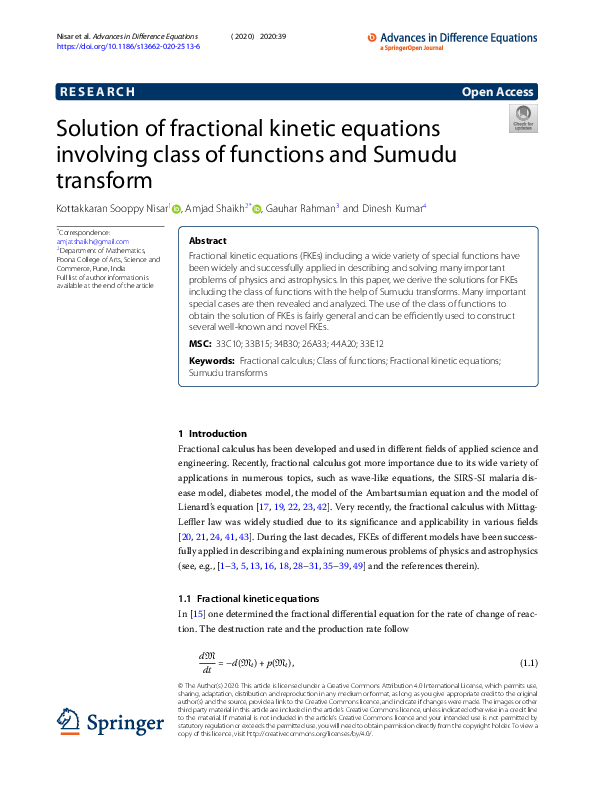 Pdf Solution Of Fractional Kinetic Equations Involving Class Of Functions And Sumudu Transform