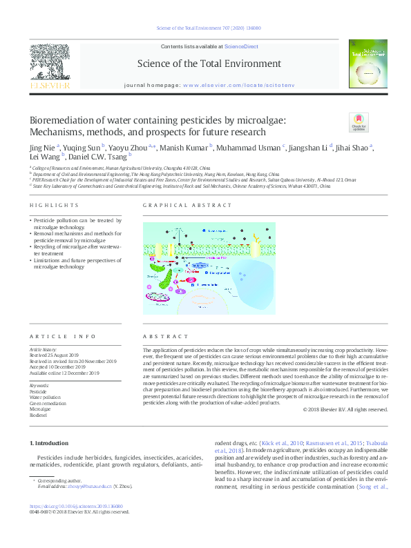 (PDF) Bioremediation of water containing pesticides by microalgae: Mechanisms, methods, and ...