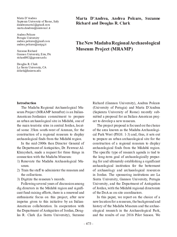 (PDF) The New Madaba Regional Archaeological Museum Project (MRAMP)