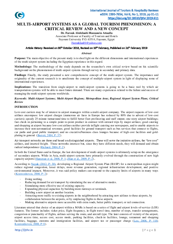 (PDF) MULTI-AIRPORT SYSTEMS AS A GLOBAL TOURISM PHENOMENON: A CRITICAL ...