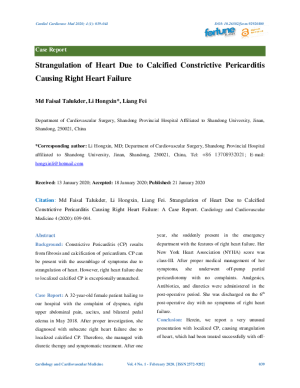 (PDF) Strangulation of Heart Due to Calcified Constrictive Pericarditis Causing Right Heart Failure