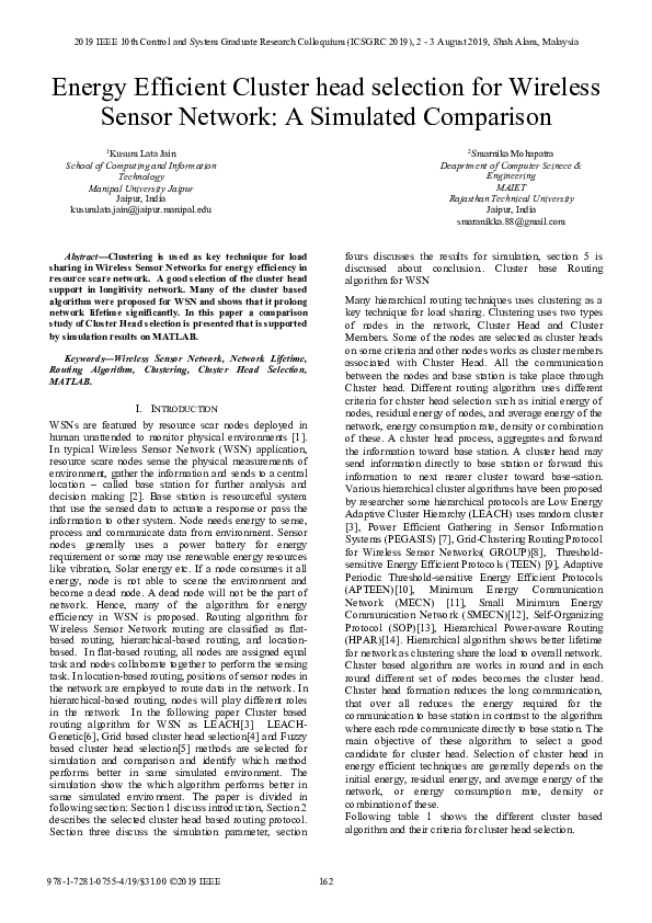 Pdf Energy Efficient Cluster Head Selection For Wireless Sensor Network A Simulated Comparison