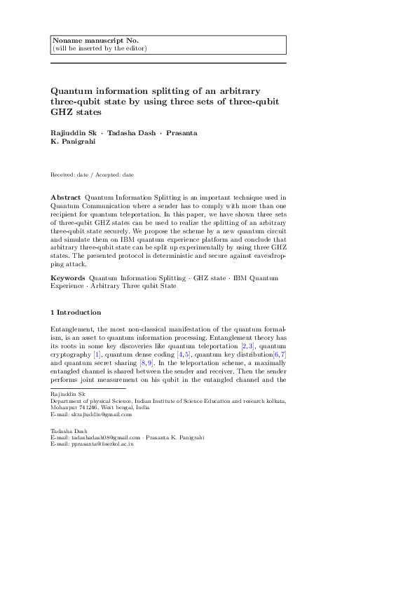 Pdf Quantum Information Splitting Of An Arbitrary Three Qubit State By Using Three Sets Of