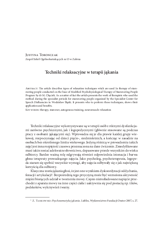 (PDF) Justyna Toronczak: Techniki relaksacyjne w terapii jąkania