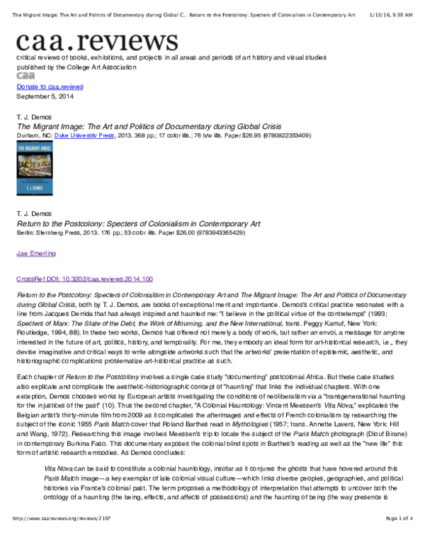 (PDF) Emerling Review of T.J. Demos's The Migrant Image: The Art and ...