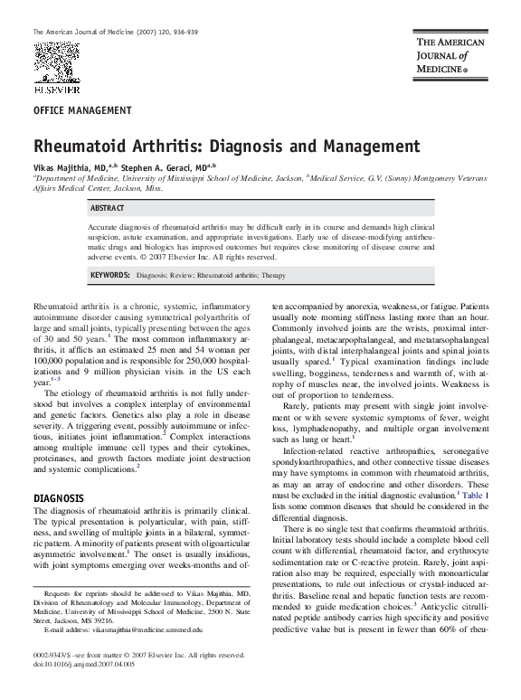 (PDF) Rheumatoid Arthritis: Diagnosis and Management