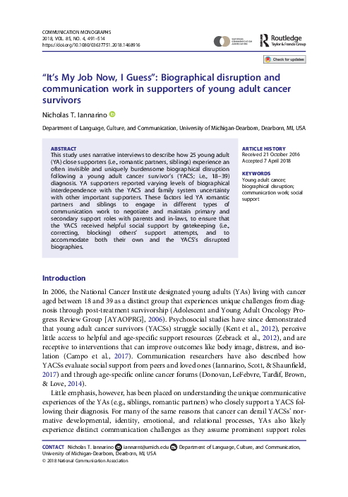 (PDF) "It's My Job Now, I Guess": Biographical disruption and ...