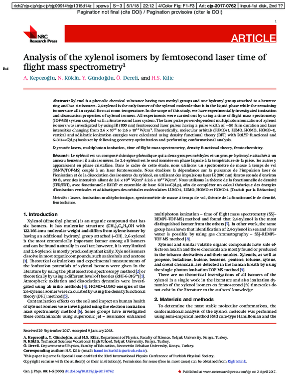 (PDF) Analysis of the xylenol isomers by femtosecond laser time of ...