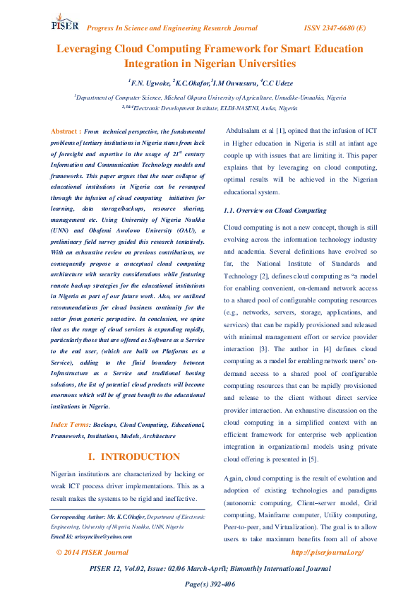 Pdf Leveraging Cloud Computing Framework For Smart Education Integration In Nigerian Universities