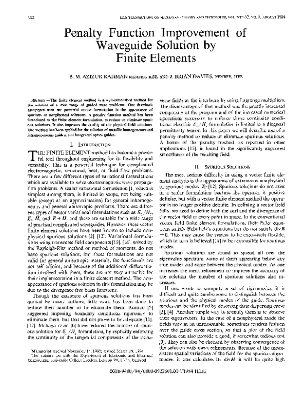 (PDF) Penalty Function Improvement of Waveguide Solution by Finite Elements | Associate ...