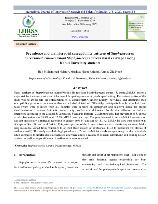 (PDF) Prevalence and antimicrobial susceptibility patterns of Staphylococcus aureus/methicillin ...