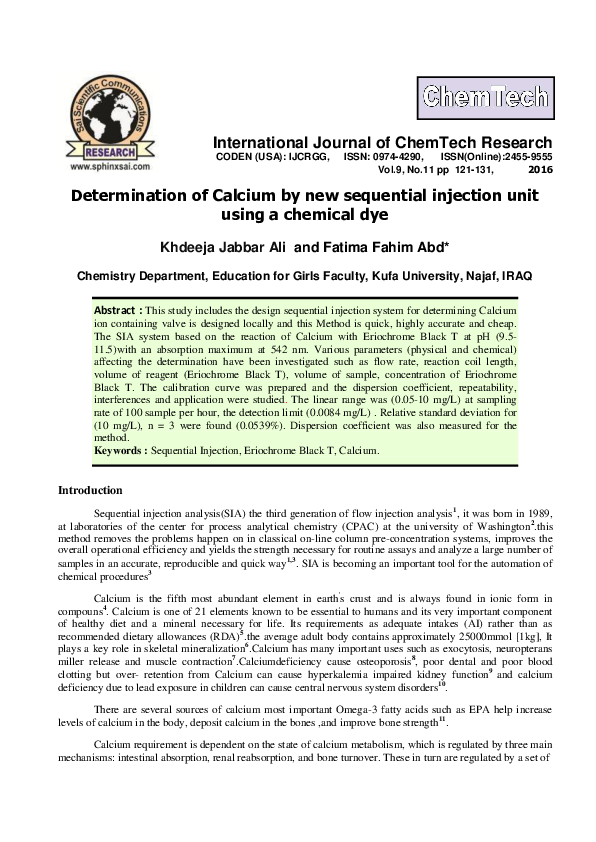 Pdf Determination Of Calcium By New Sequential Injection Unit Using A Chemical Dye