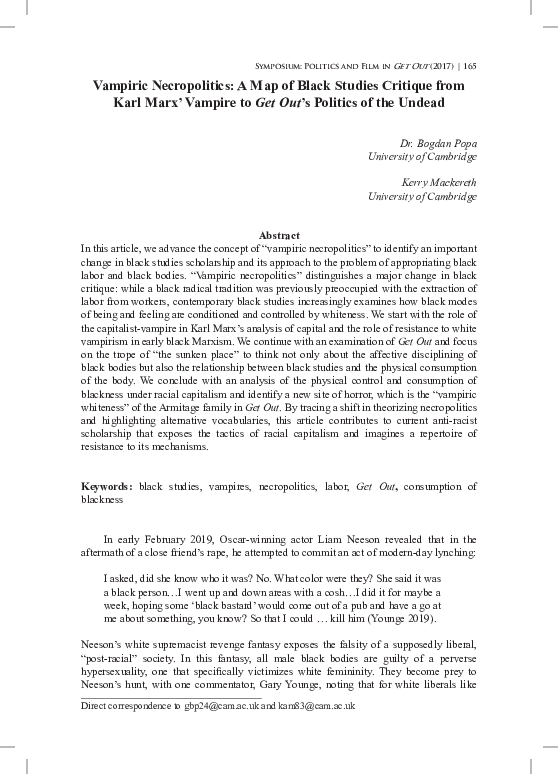 (PDF) Vampiric Necropolitics: A Map of Black Studies Critique from Karl ...
