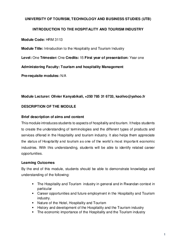 (DOC) Intro to Tourism and Hospitality by Olivier