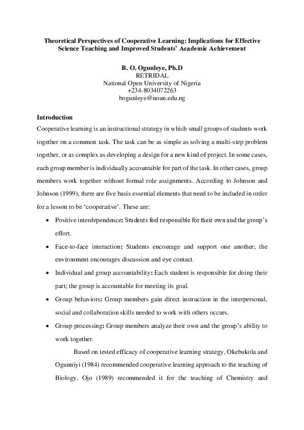 (PDF) Theoretical Perspectives of Cooperative Learning: Implications ...