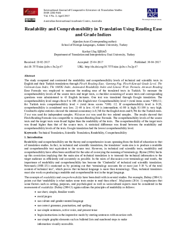 Pdf Readability And Comprehensibility In Translation Using Reading