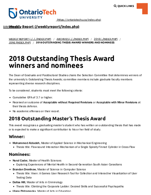 (PDF) Outstanding Thesis Award winners and nominees Weekly Report