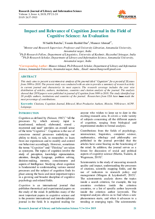 (PDF) Impact and Relevance of Cognition Journal in the Field of ...