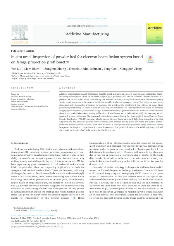 (PDF) In-situ areal inspection of powder bed for electron beam fusion ...