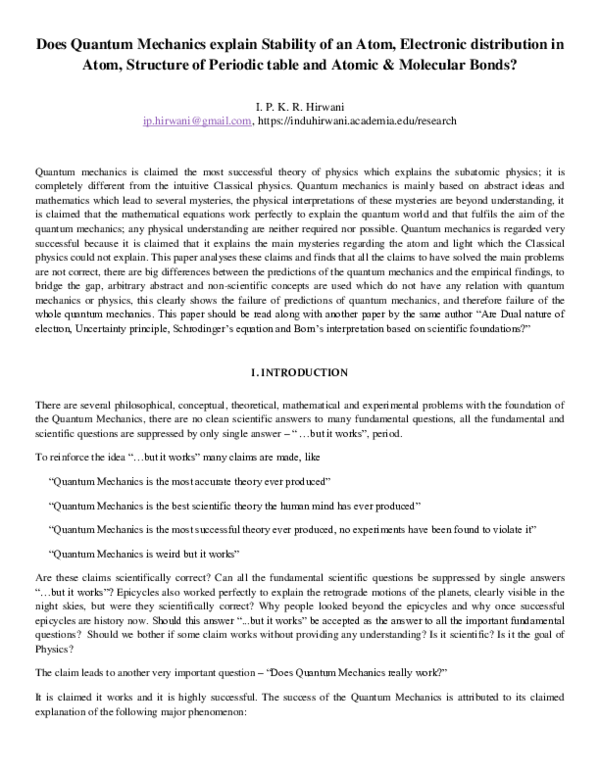 (PDF) "Does Quantum Mechanics explain Stability of an Atom, Electronic ...