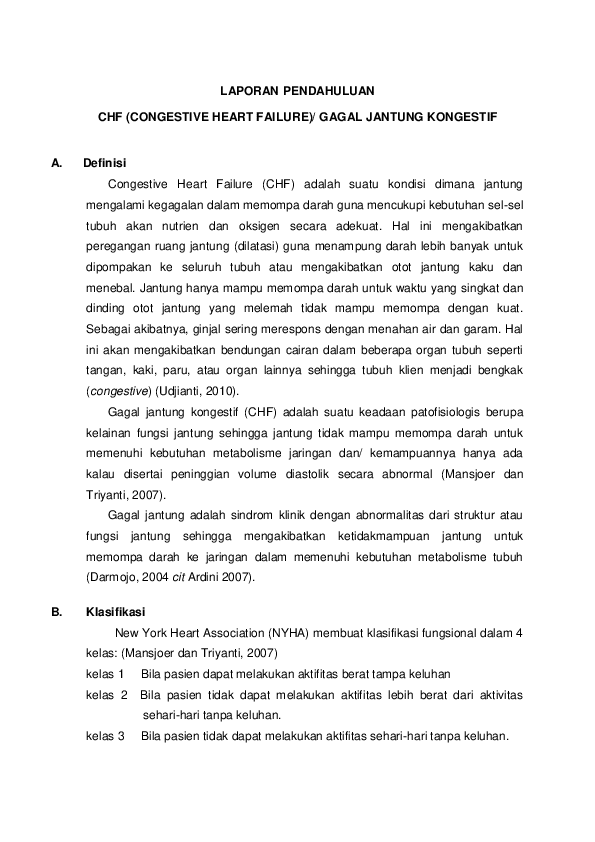 (DOC) LAPORAN PENDAHULUAN CHF (CONGESTIVE HEART FAILURE)/ GAGAL JANTUNG KONGESTIF A. Definisi
