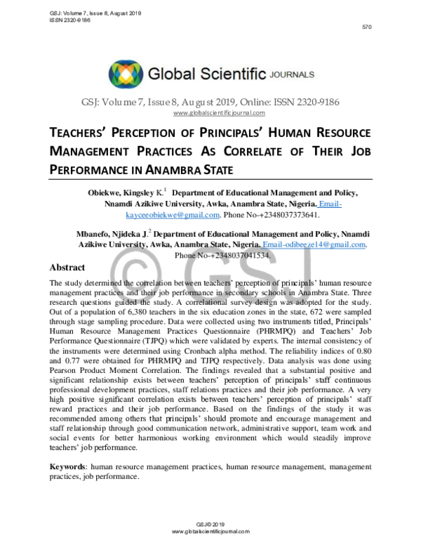 Pdf Teachers Perception Of Principals Human Resource Management Practices As Correlate Of