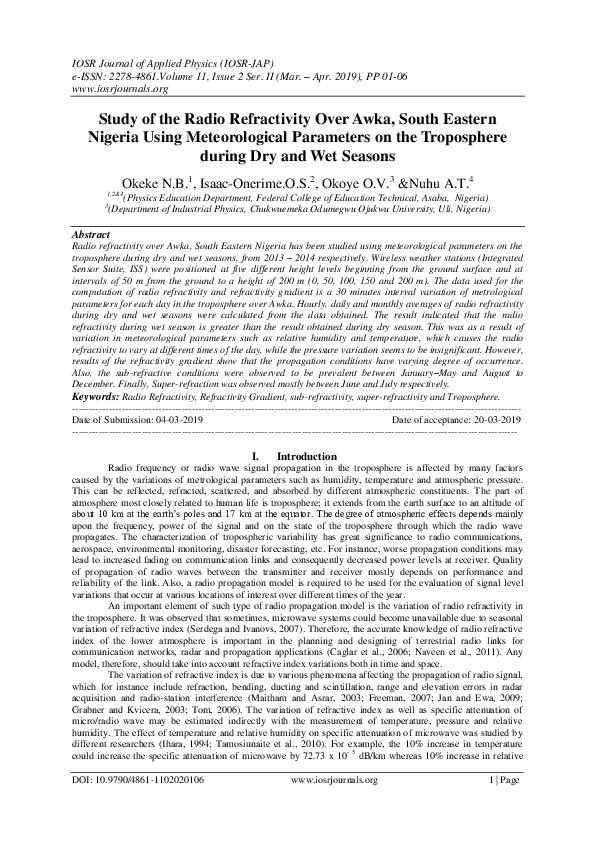 (PDF) Study of the Radio Refractivity Over Awka, South Eastern Nigeria ...