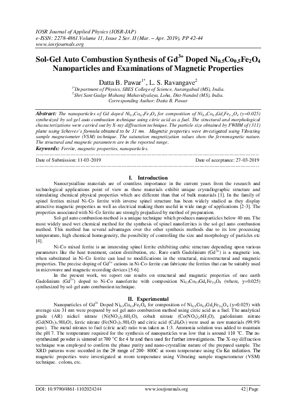(PDF) Sol-Gel Auto Combustion Synthesis of Gd 3+ Doped Ni 0.5 Co 0.5 Fe ...