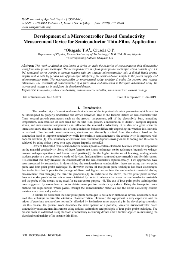 Pdf Development Of A Microcontroller Based Conductivity Measurement Device For Semiconductor