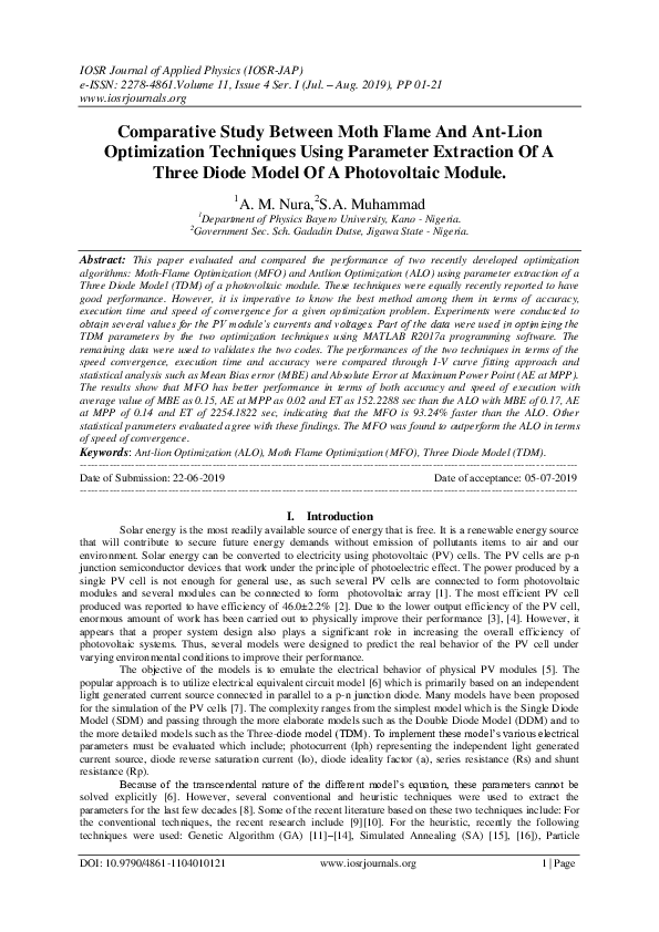 (PDF) Comparative Study Between Moth Flame And Ant-Lion Optimization Techniques Using Parameter ...