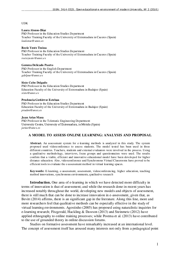 (PDF) A MODEL TO ASSESS ONLINE LEARNING: ANALYSIS AND PROPOSAL