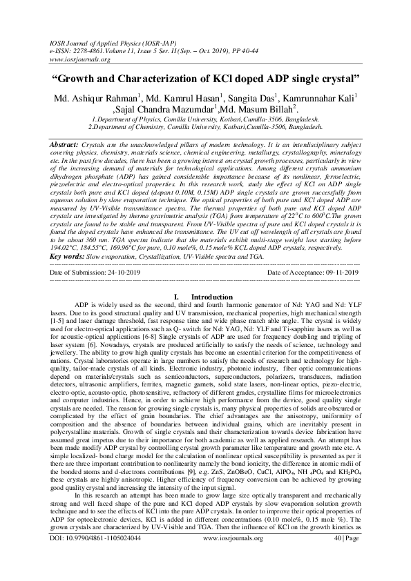 (PDF) "Growth and Characterization of KCl doped ADP single crystal"