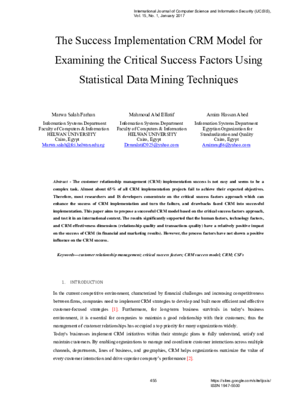 (PDF) The Success Implementation CRM Model for Examining the Critical Success Factors Using ...