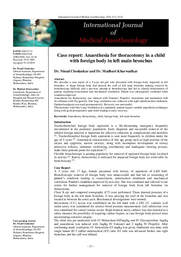 (PDF) Case report: Anaesthesia for thoracotomy in a child with foreign ...