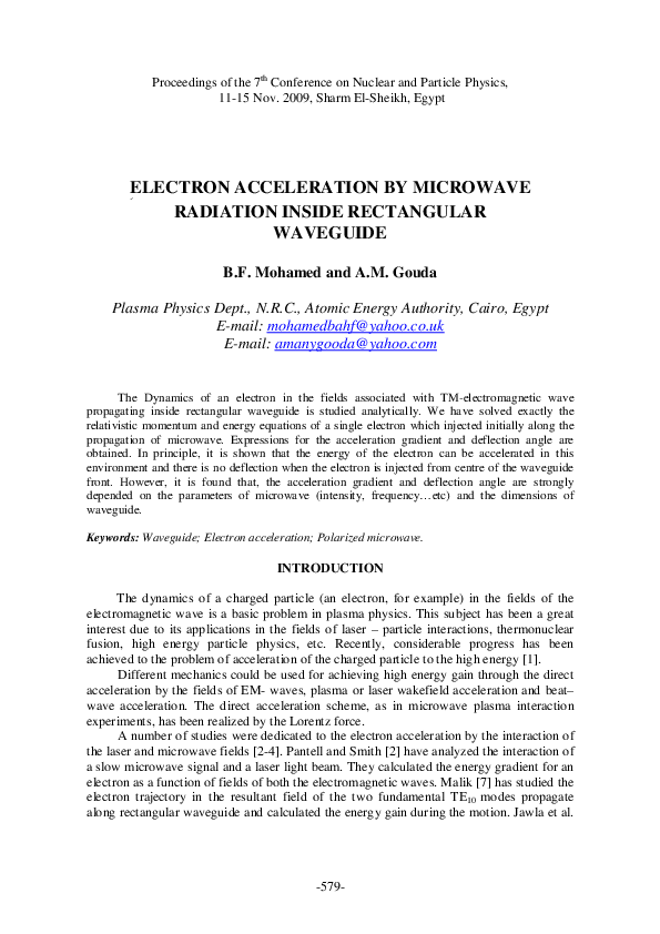 (PDF) Electron Acceleration by Microwave Radiation Inside a Rectangular Waveguide
