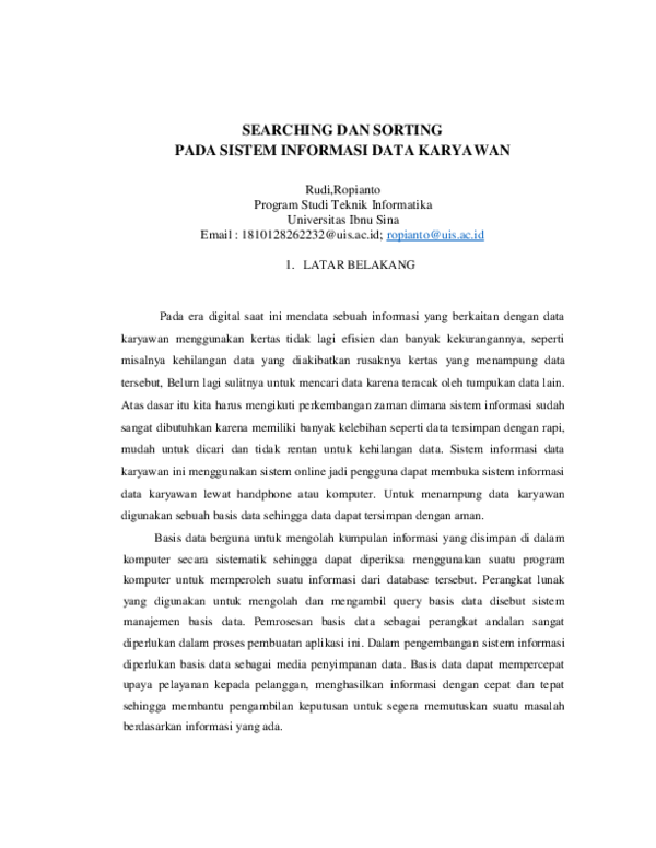 (PDF) SEARCHING DAN SORTING PADA SISTEM INFORMASI DATA KARYAWAN