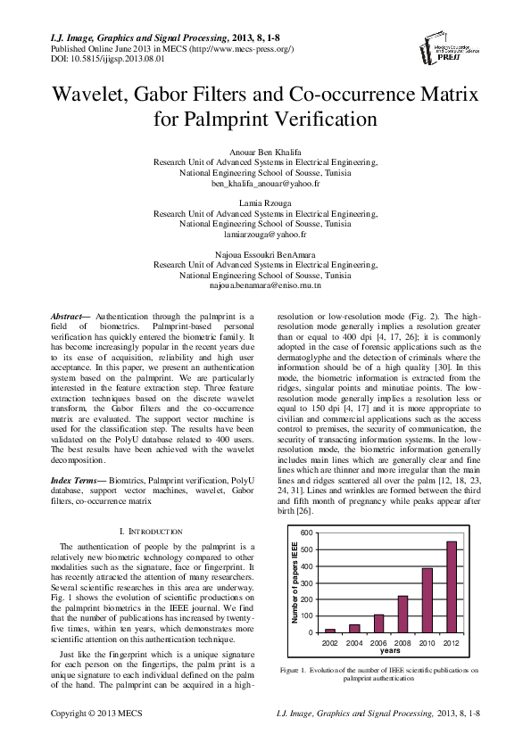 (PDF) Wavelet, Gabor Filters and Co-occurrence Matrix for Palmprint Verification | Anouar ...