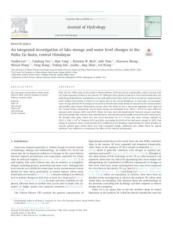 (PDF) An integrated investigation of lake storage and water level ...