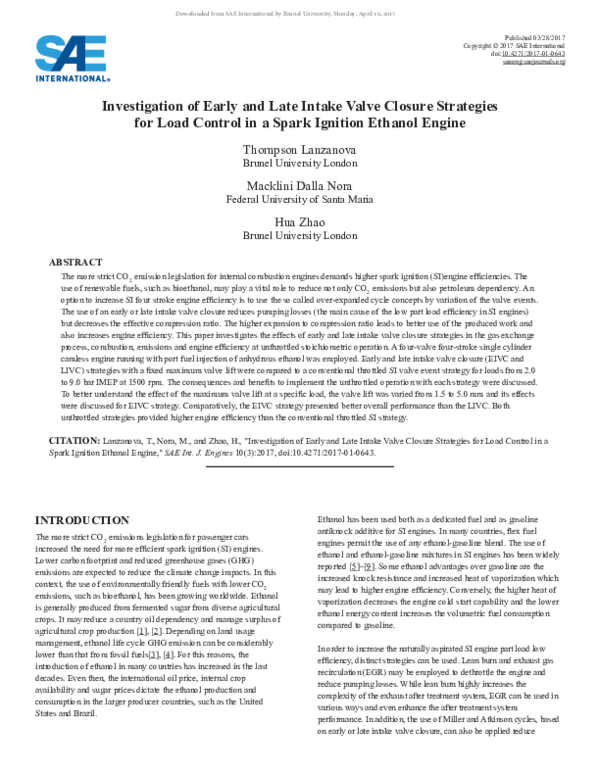(PDF) Investigation of Early and Late Intake Valve Closure Strategies