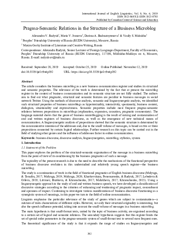 (PDF) Pragma-Semantic Relations in the Structure of a Business Microblog