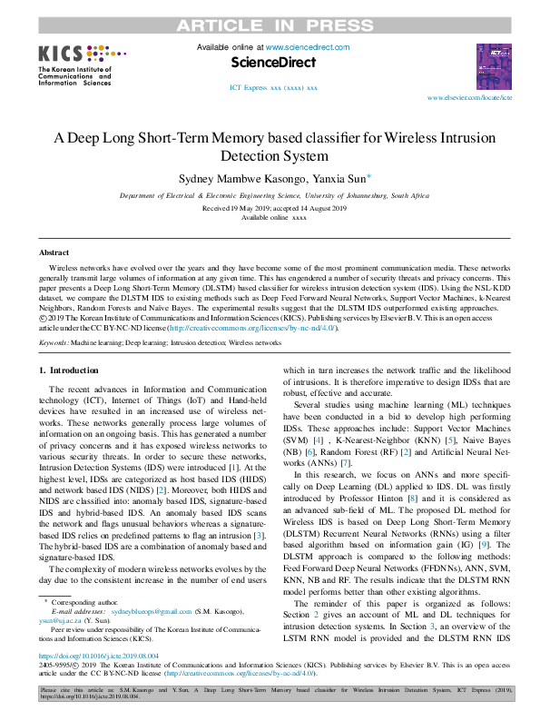 Pdf A Deep Long Short Term Memory Based Classifier For Wireless Intrusion Detection System
