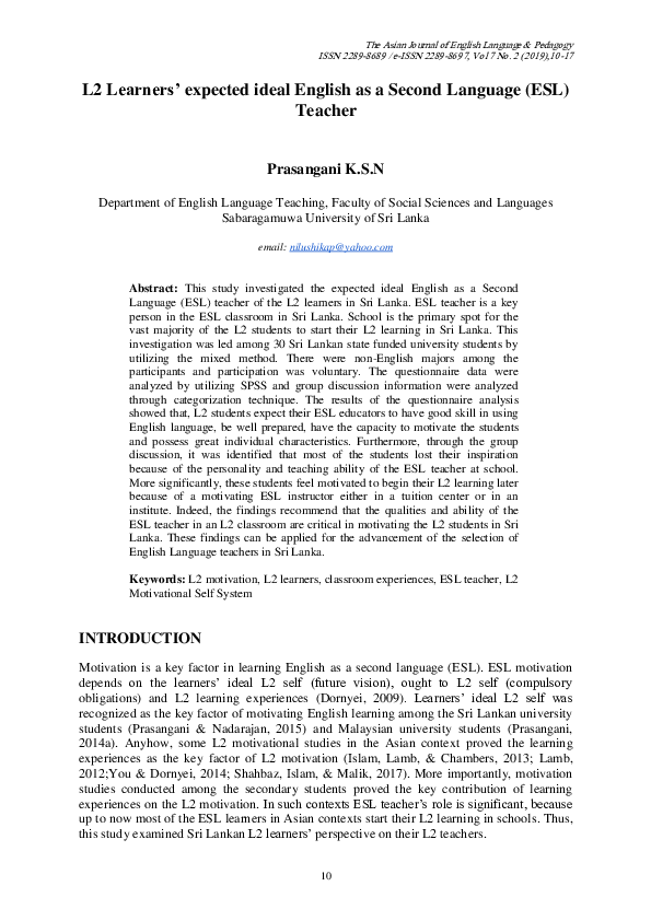 (PDF) L2 Learners' expected ideal English as a Second Language (ESL ...