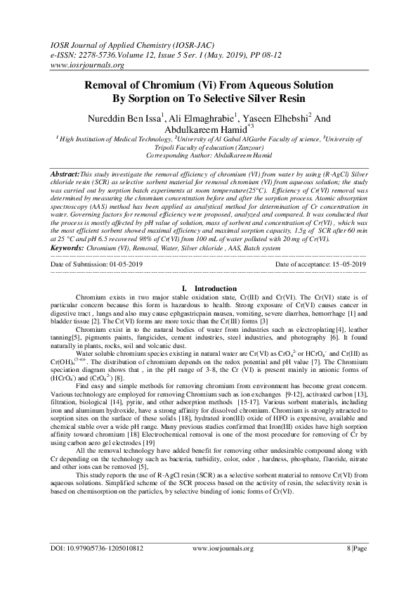 (PDF) Removal of Chromium (Vi) From Aqueous Solution By Sorption on To Selective Silver Resin