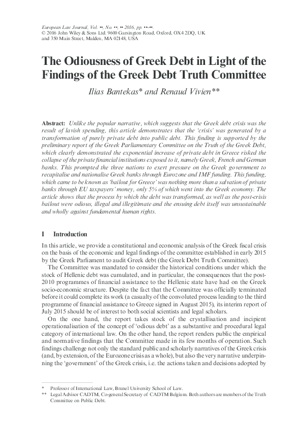 (PDF) The Odiousness of Greek Debt in Light of the Findings of the ...