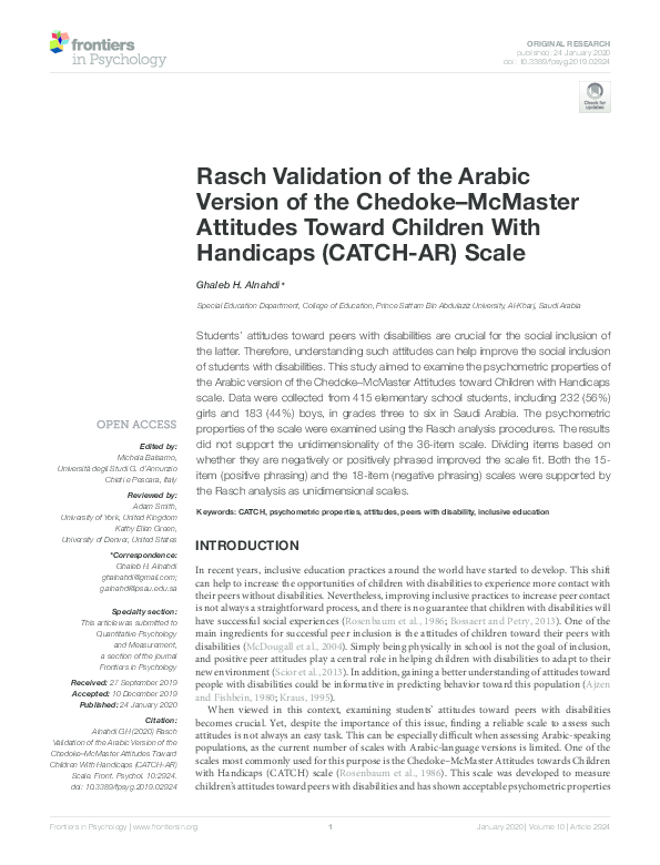 (PDF) Rasch Validation of the Arabic Version of the Chedoke-McMaster Attitudes Toward Children ...
