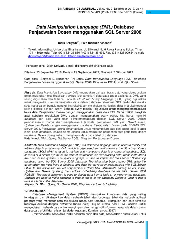 (PDF) Data Manipulation Language (DML) Database Penjadwalan Dosen menggunakan SQL Server 2008