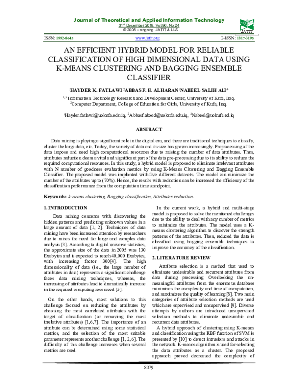 (PDF) AN EFFICIENT HYBRID MODEL FOR RELIABLE CLASSIFICATION OF HIGH DIMENSIONAL DATA USING K ...